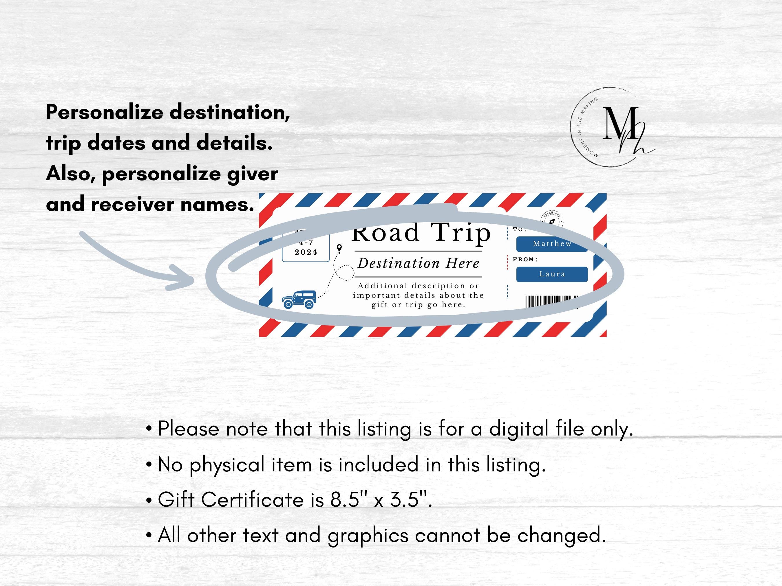 Road Trip Gift Certificate: Printable Vacation Ticket (instant Download ...