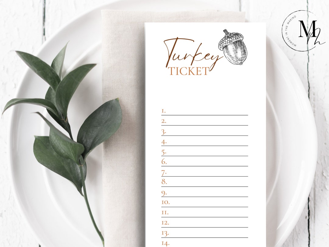 Thanksgiving Turkey Ticket Printable: Black & White Acorn Design ...