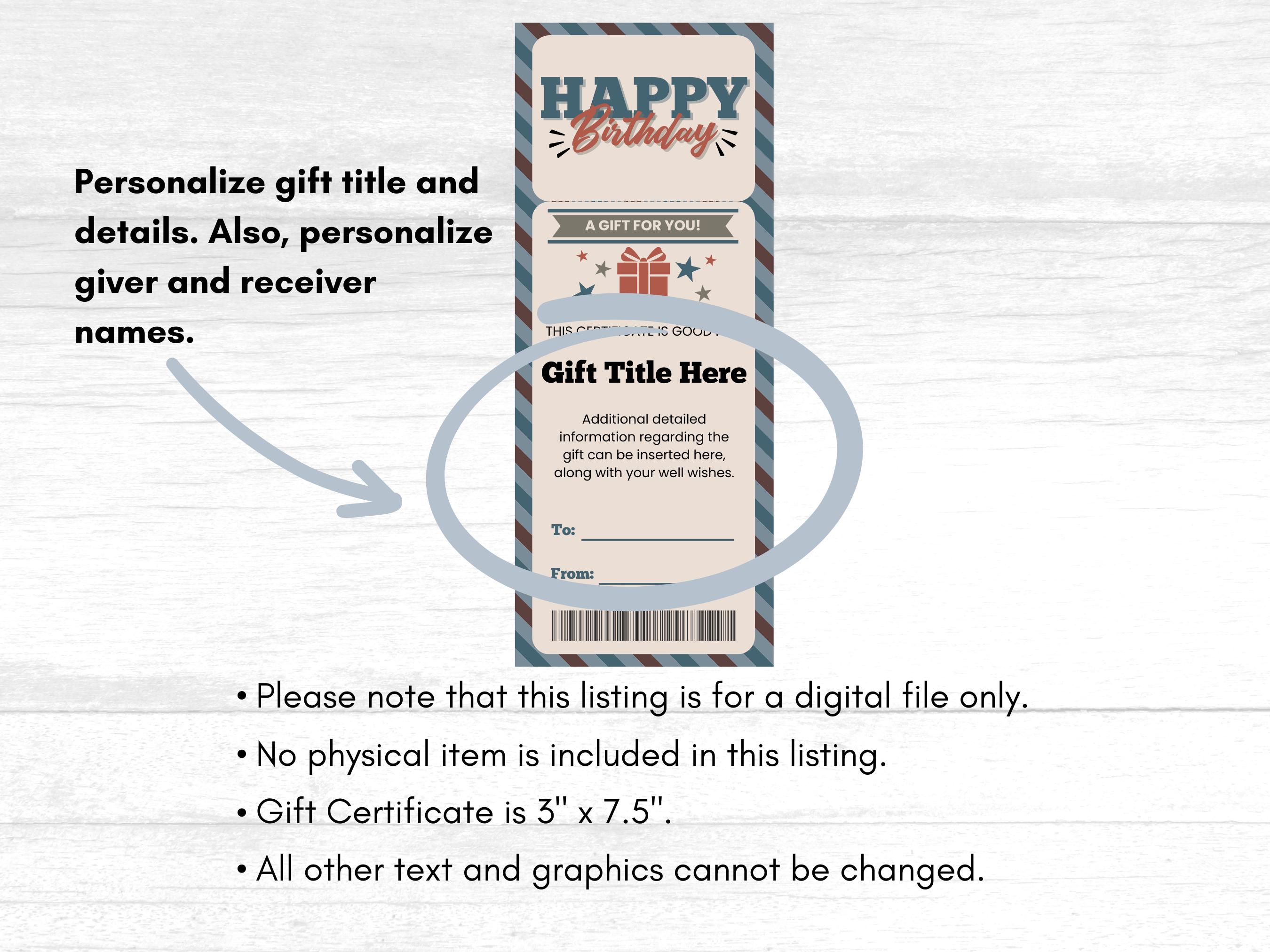 Printable Birthday Gift Certificate: Editable Template (instant ...