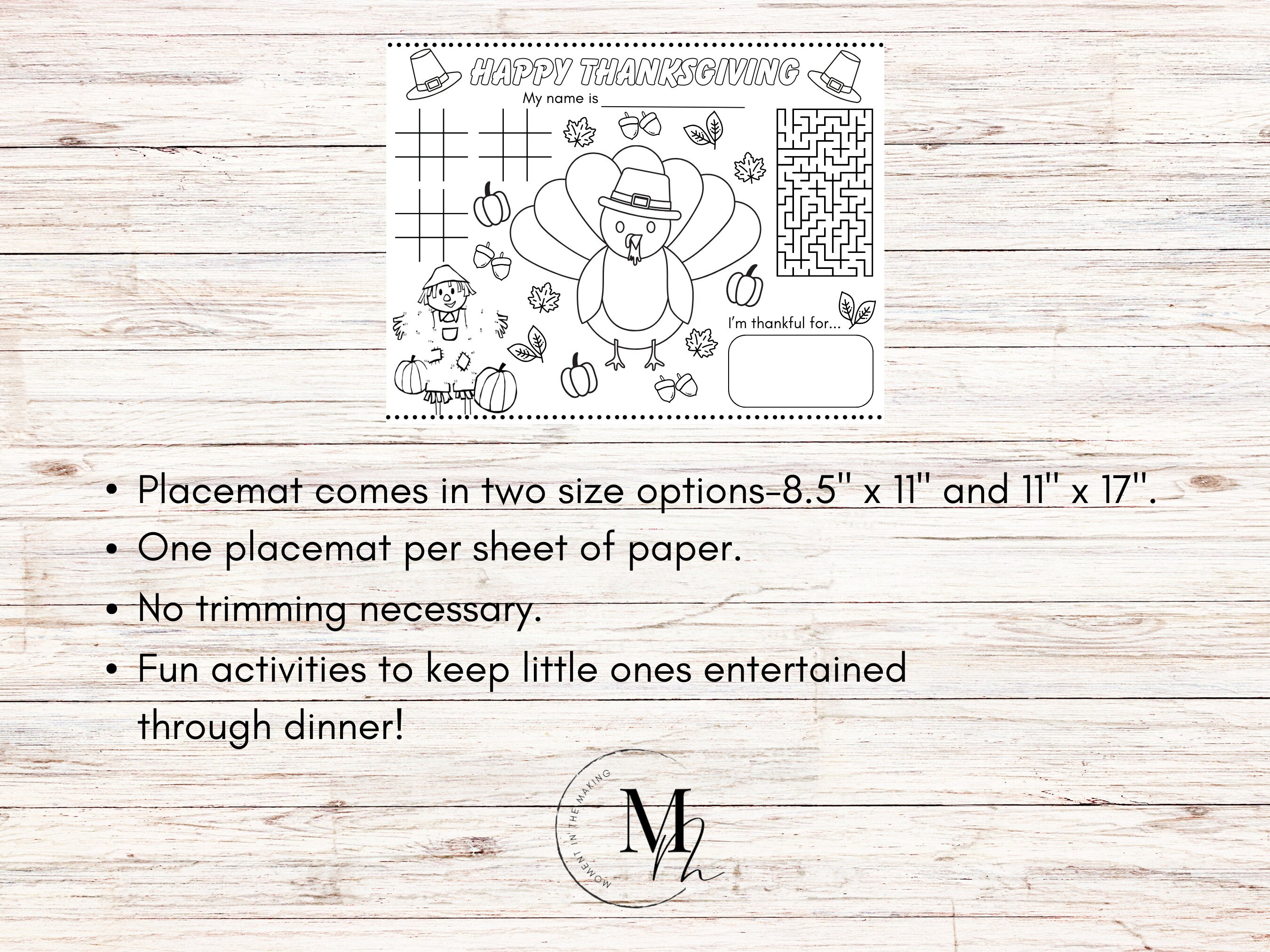 Kid's Thanksgiving Printable Placemat, Printable Activity Placemat ...