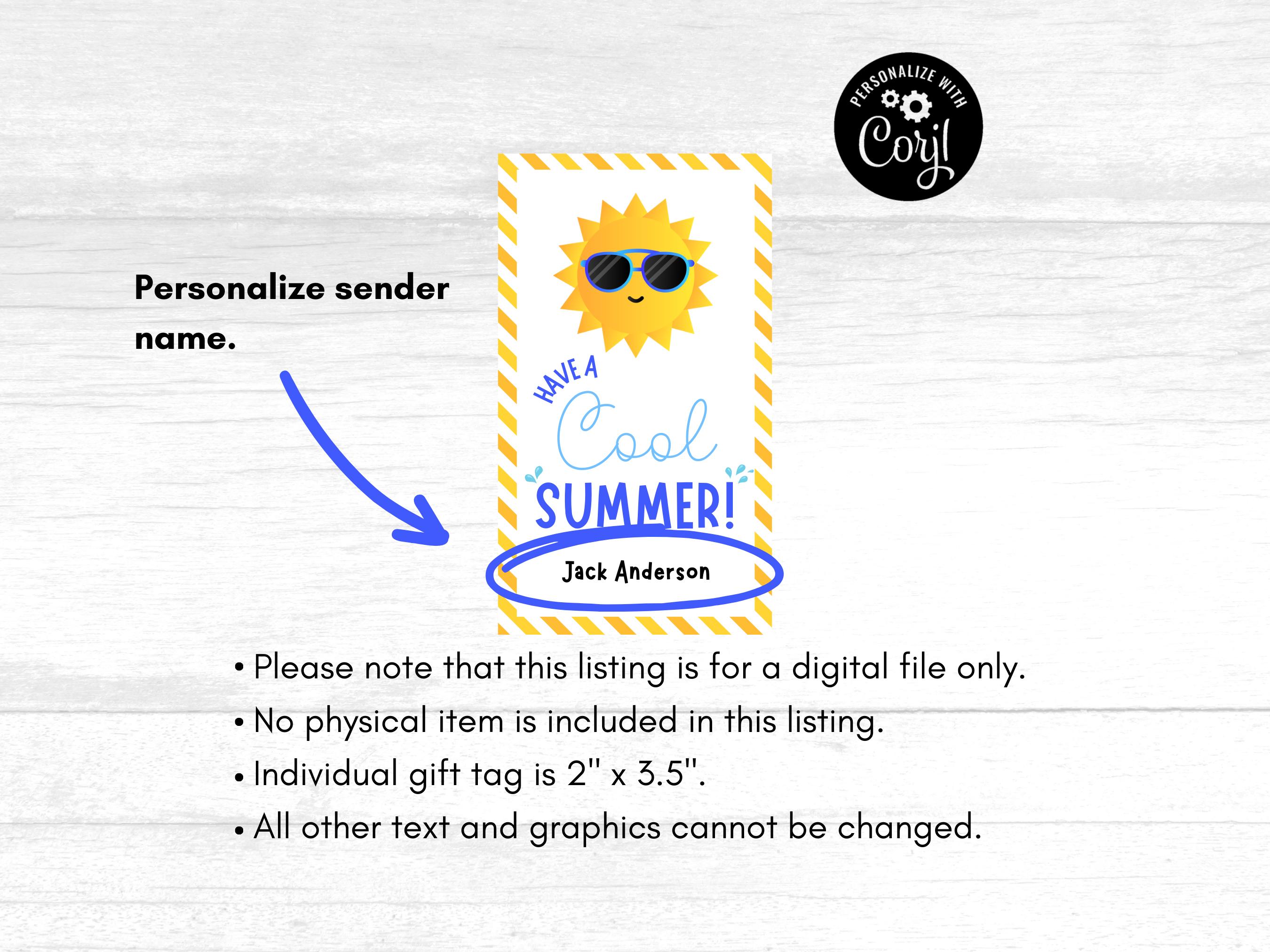 End of School Year Cool Summer Sun Gift Tag, Printable Gift Tag ...