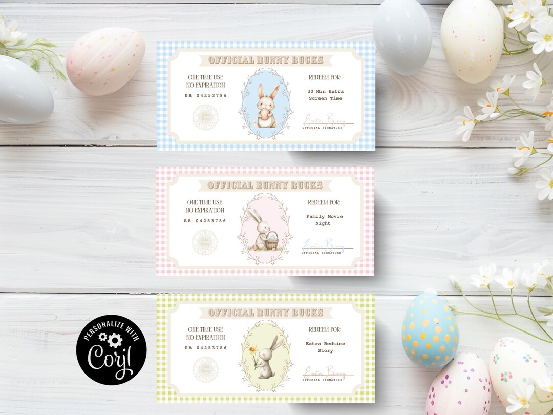 Printable Easter Bunny Bucks, Printable Gift Coupons, Instant Download ...