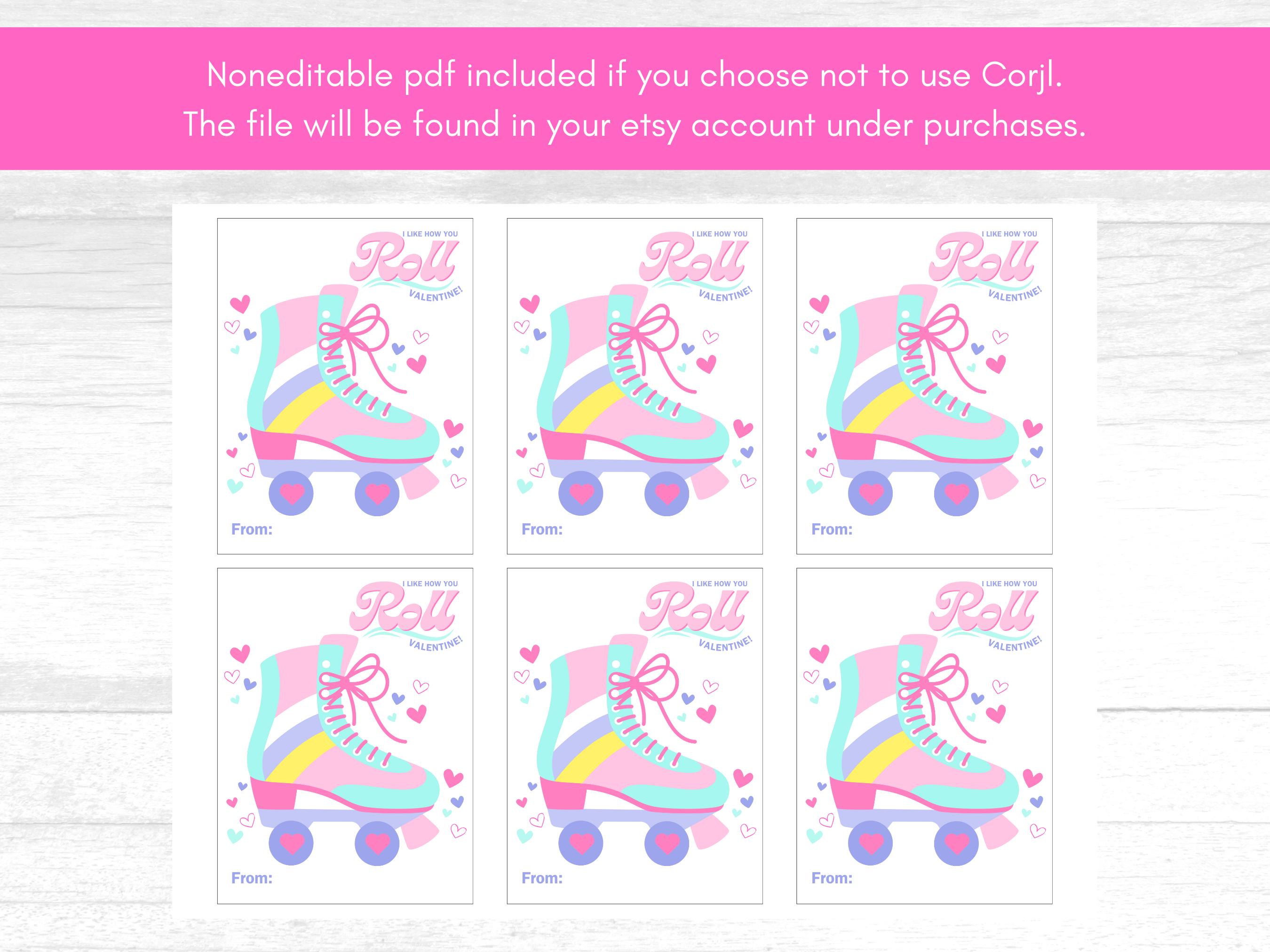 Class Valentine Roller Skate, Printable School Valentines, Valentine's ...