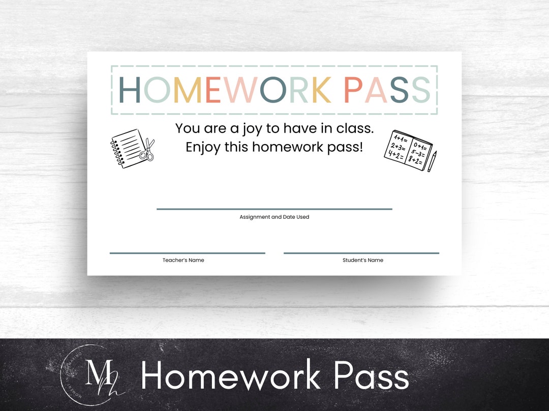 Rainbow Font Homework Pass for Teachers, Instant Download, Back to School, Classroom Decor ...