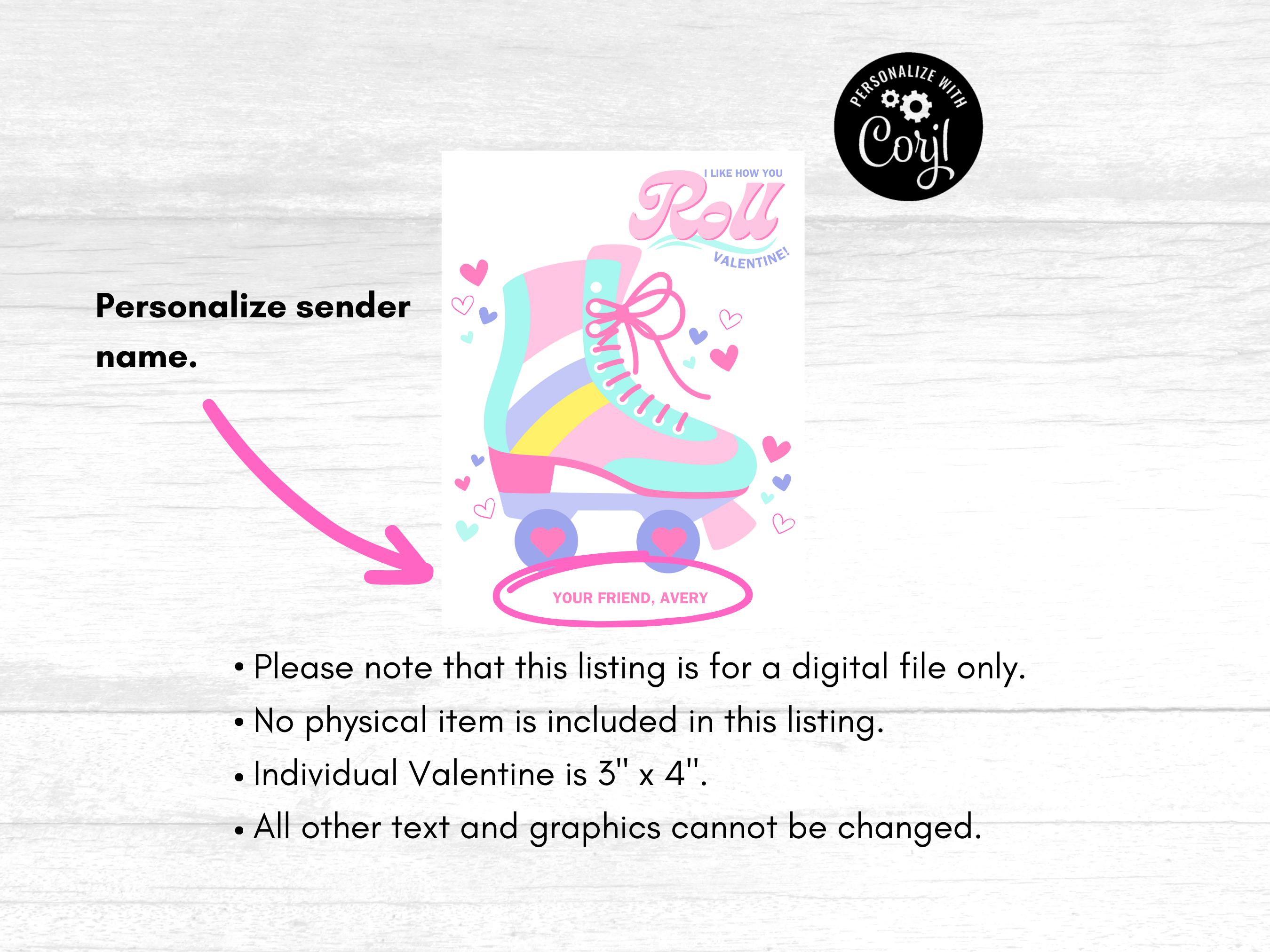 Class Valentine Roller Skate, Printable School Valentines, Valentine's ...