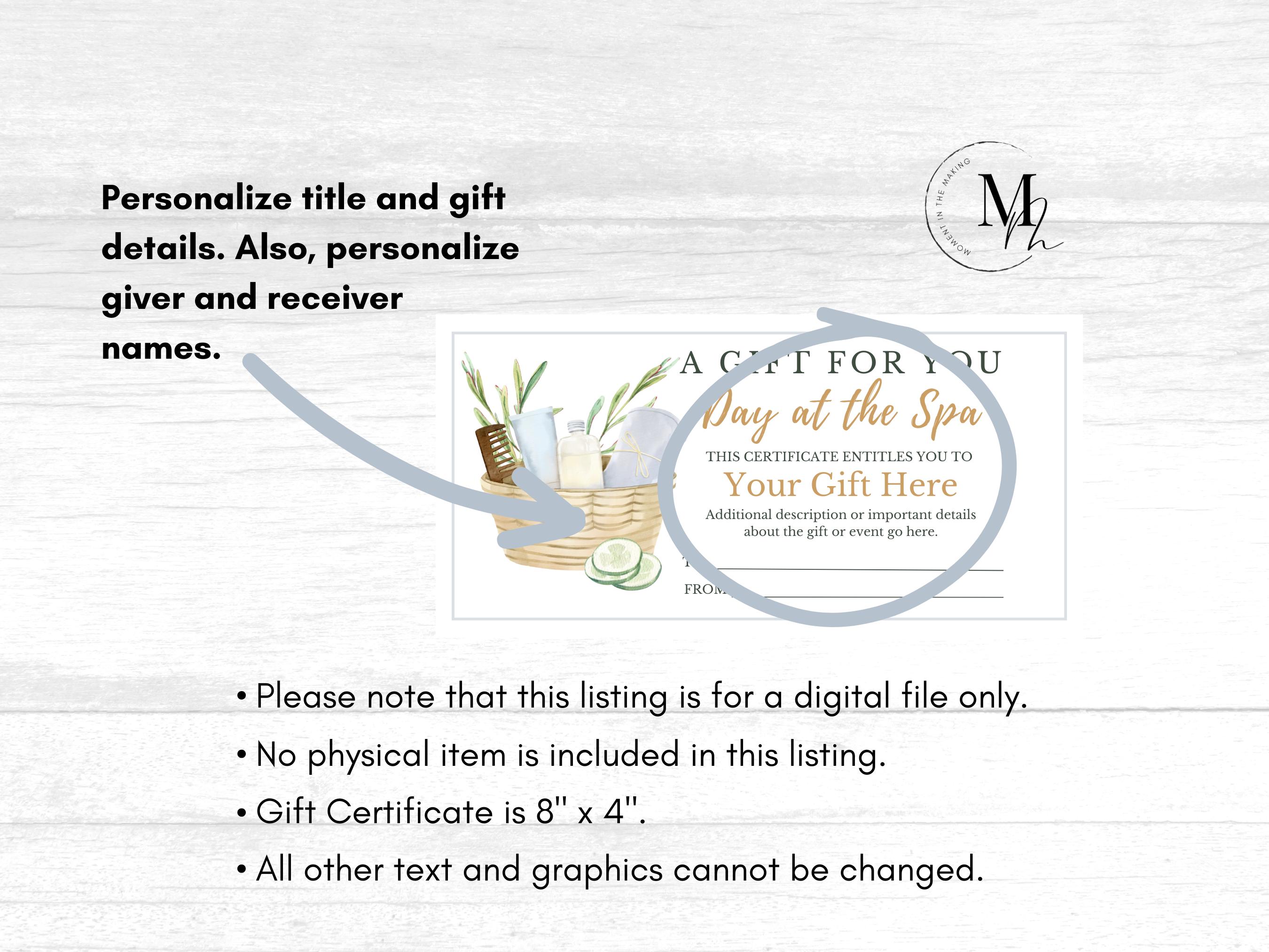Spa Day Gift Certificate, Printable Gift Certificate, Spa Day Gift ...