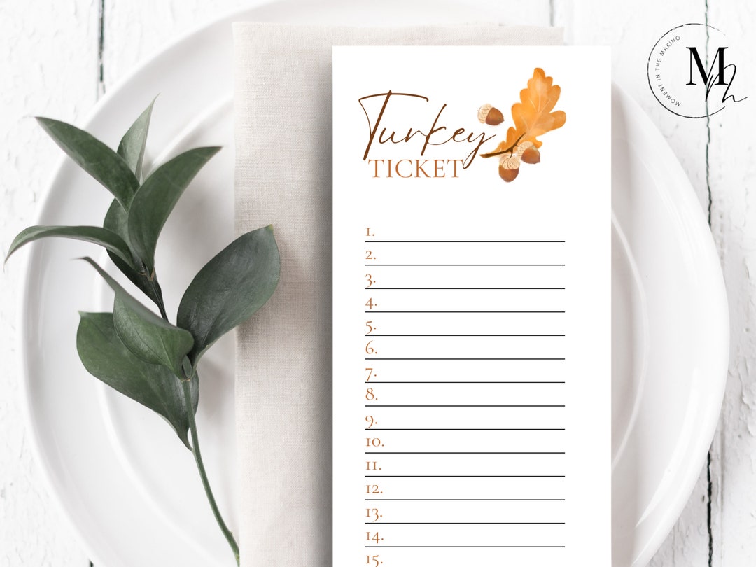 Thanksgiving Turkey Ticket Printable: Acorn Cluster Design (instant ...