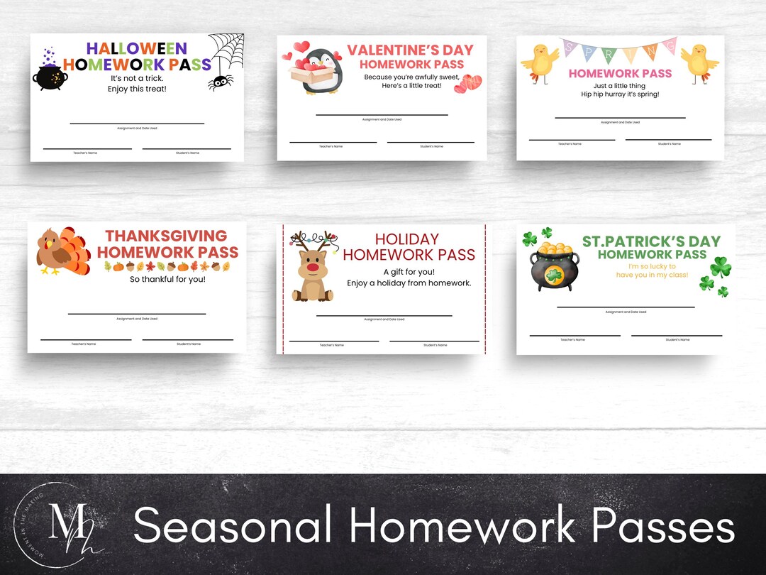 Seasonal Homework Passes for Teachers: Holiday Printable (instant ...