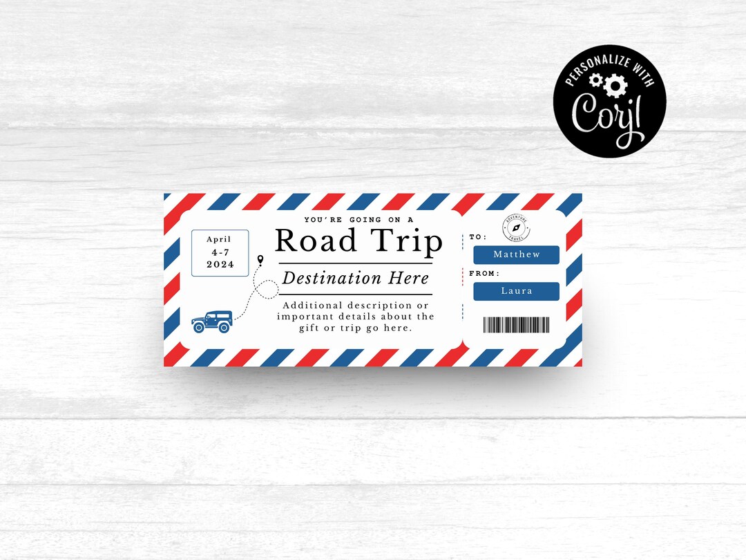 Road Trip Gift Certificate: Printable Vacation Ticket (instant Download ...