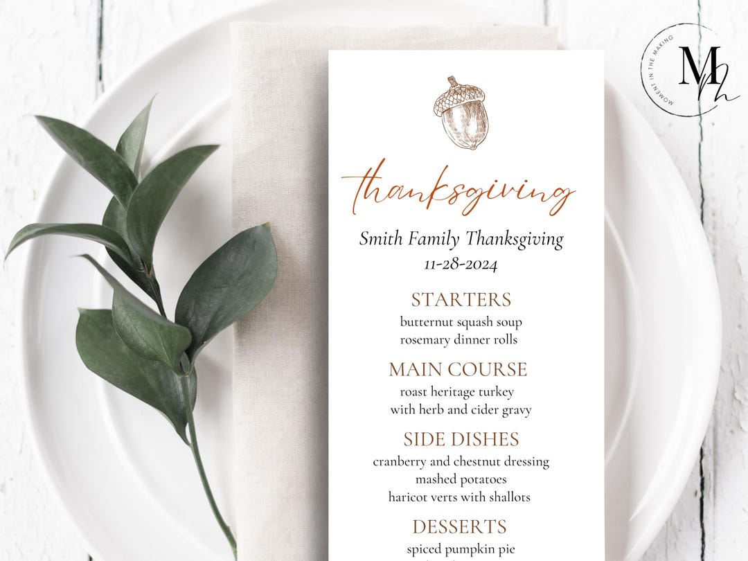 Thanksgiving Menu Card Template: Acorn & Wheat Design (printable ...