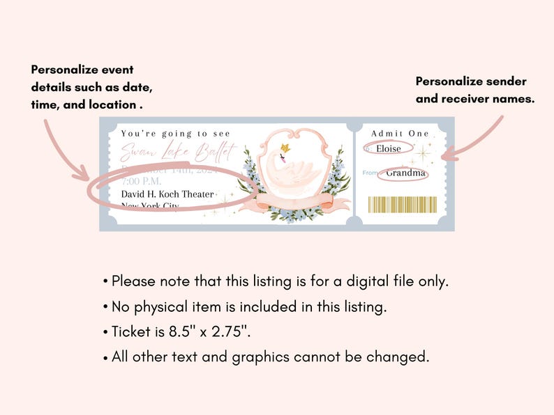 Personalized Swan Lake Ballet Ticket: Printable Gift (instant Download ...