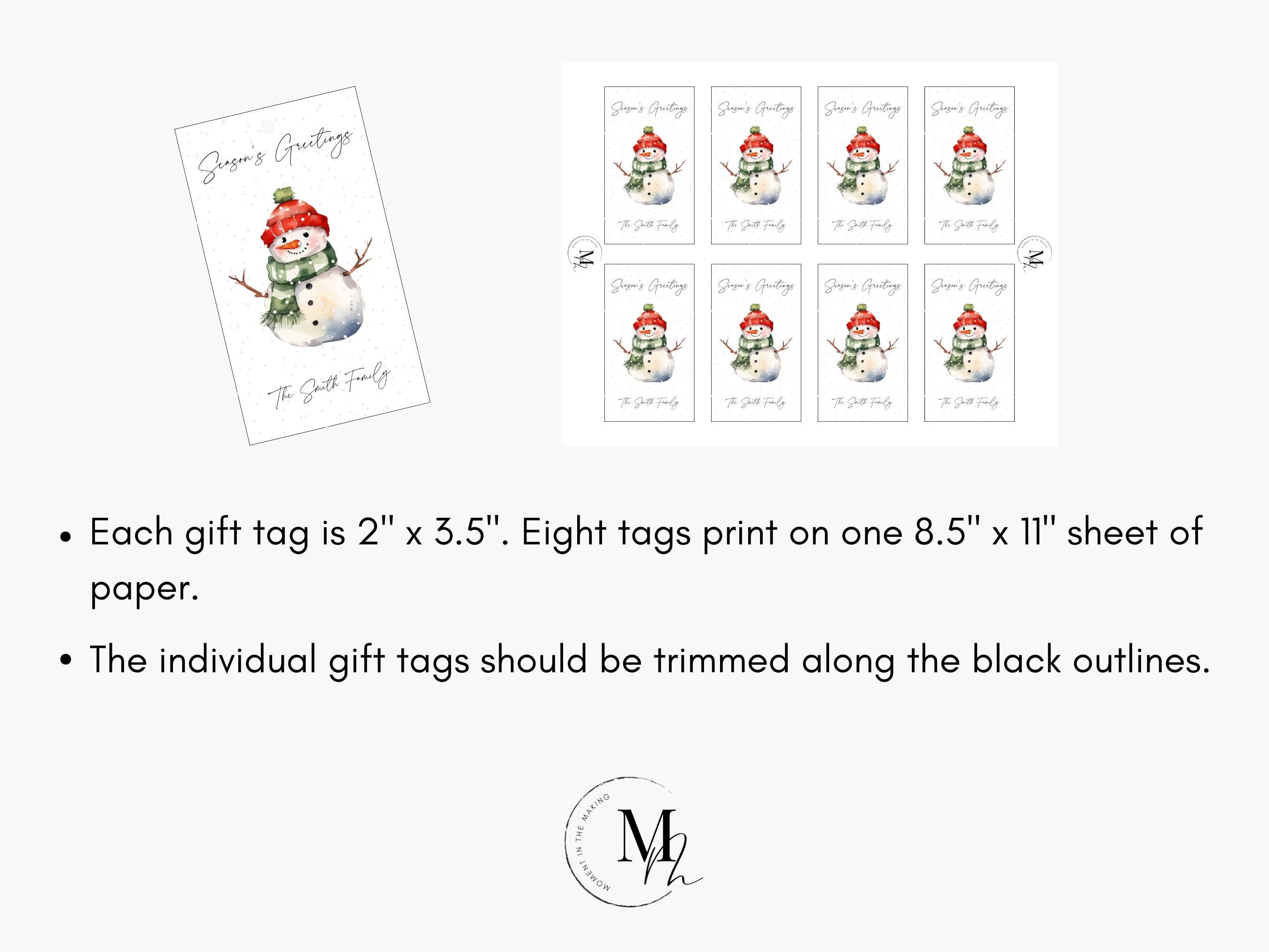 Snowman Christmas Gift Tag, Printable Holiday Favor Tag (digital ...