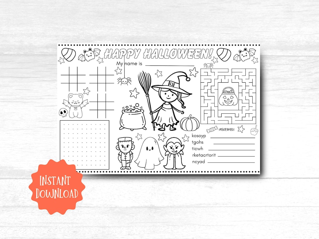 Halloween Activity Placemat: Kids Games, Coloring Page (instant ...