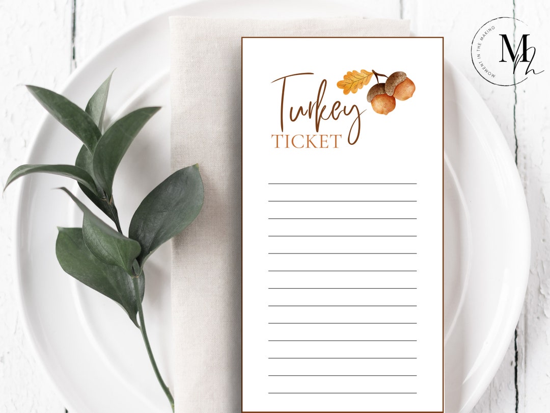 Thanksgiving Turkey Ticket Printable: Acorn Leaf Design (instant ...