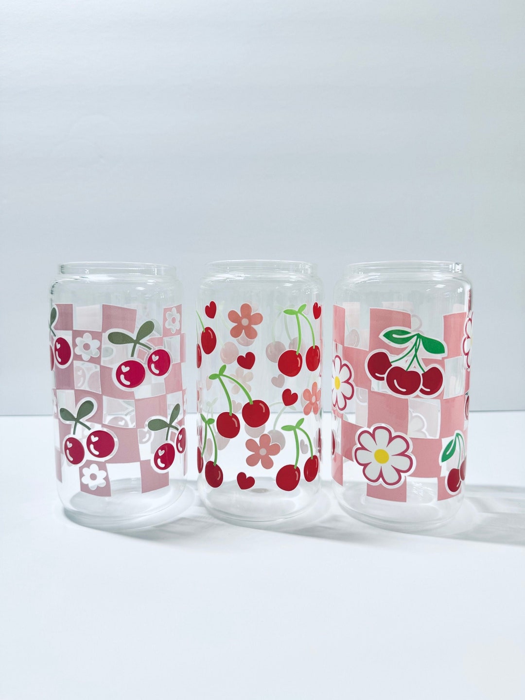 Cherry and Flower Glass Cup, Coffee Reusable 16oz Glass Tumbler, Cute ...