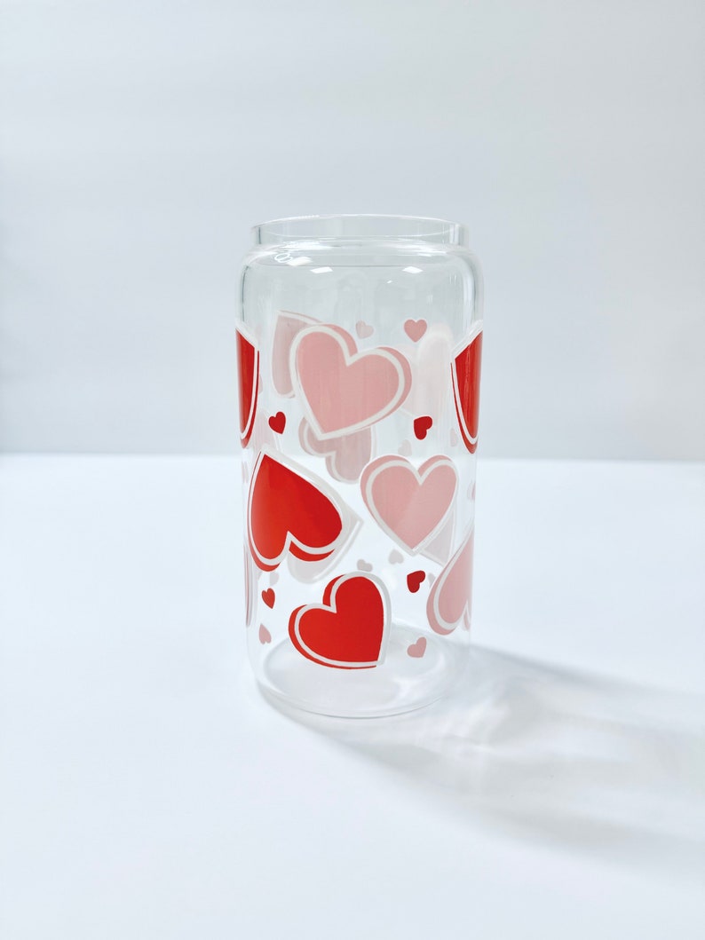 Hearts Iced Coffee Glass Cup With Bamboo Lid and Straw, Cute Hearts ...