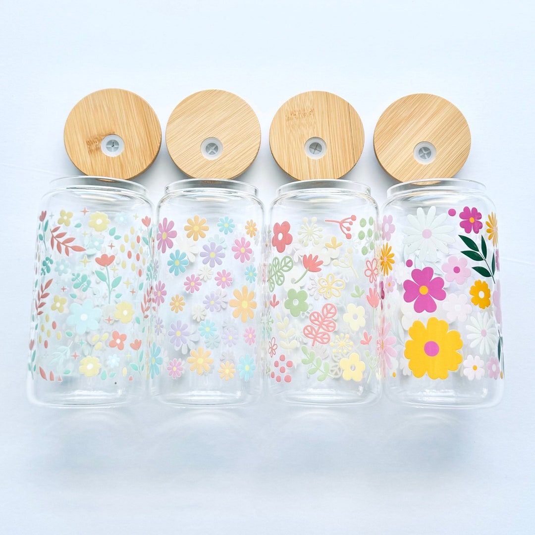 Floral Glass Tumbler, Floral Glass Can, Summer Wildflowers Glass, 16oz ...