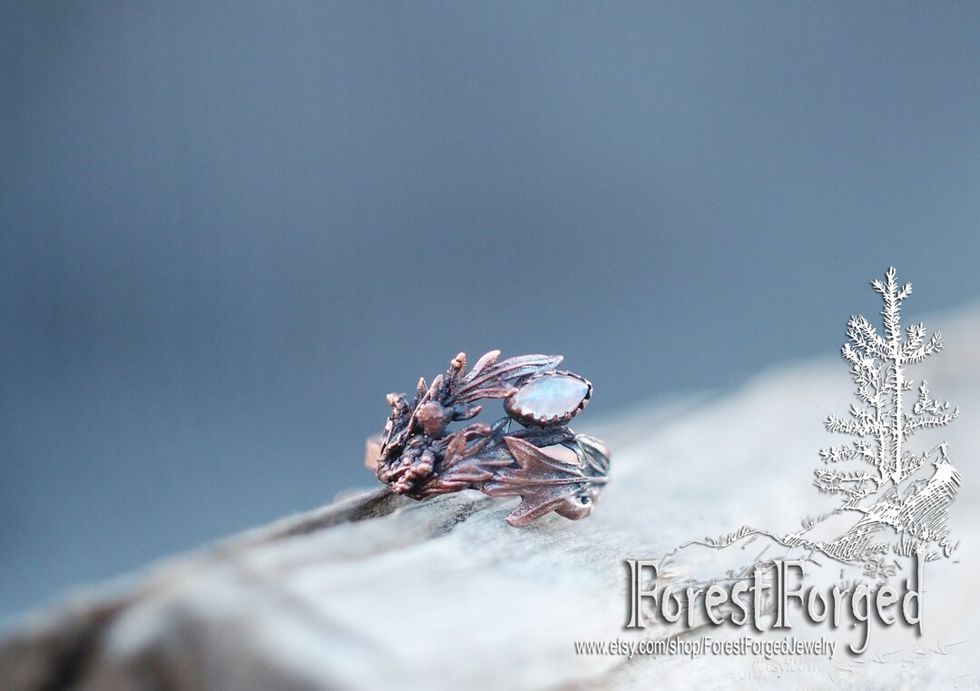 Nettle Ring With Bright Moonstone Copper Fairytale Ring - Etsy