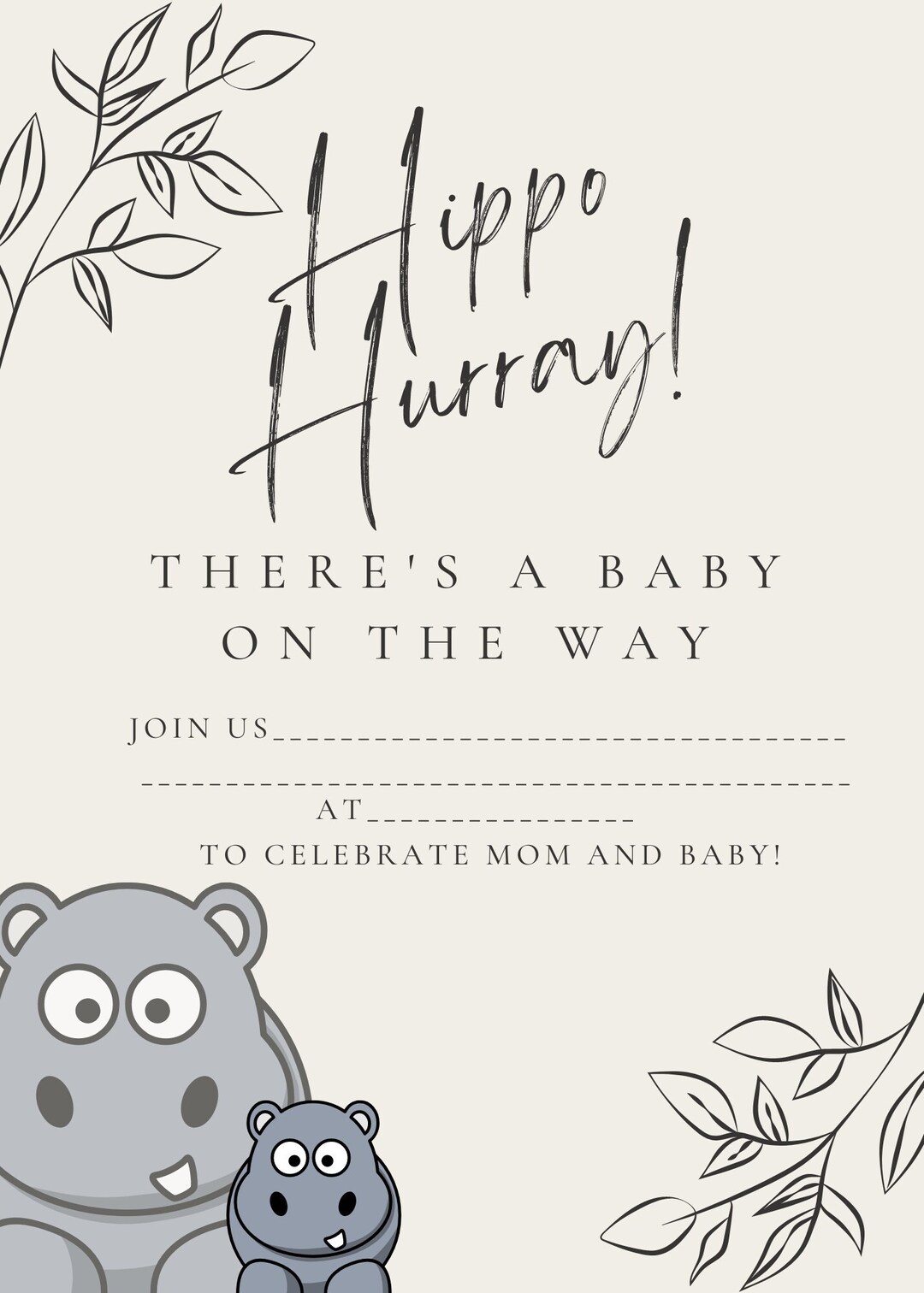 Hippo Hurray Baby Shower Invite, Cute Baby Shower Invitation, Nuetral ...