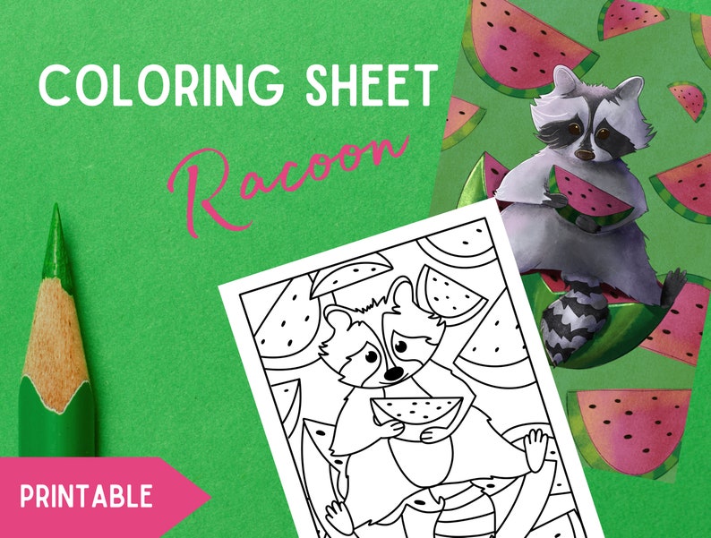 Cute Raccoon Coloring Page, Printable for Adults Kids, Raccoon With ...