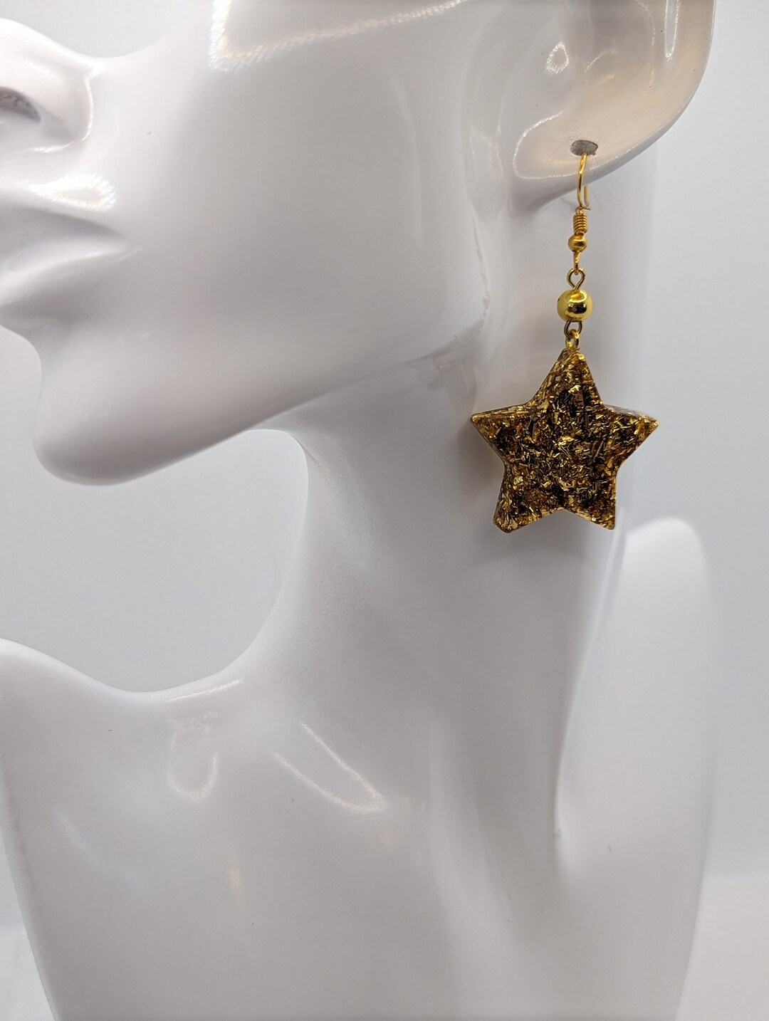 Sparkle Gold Foil Flakes Star Shaped Earrings. Strung With Gold Beads ...
