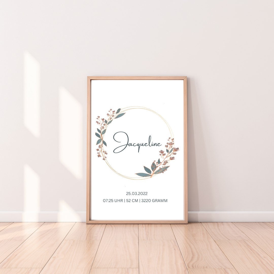 Birth Plaque wreath, Flowers Gold Boho Dates of Birth Poster Birth ...