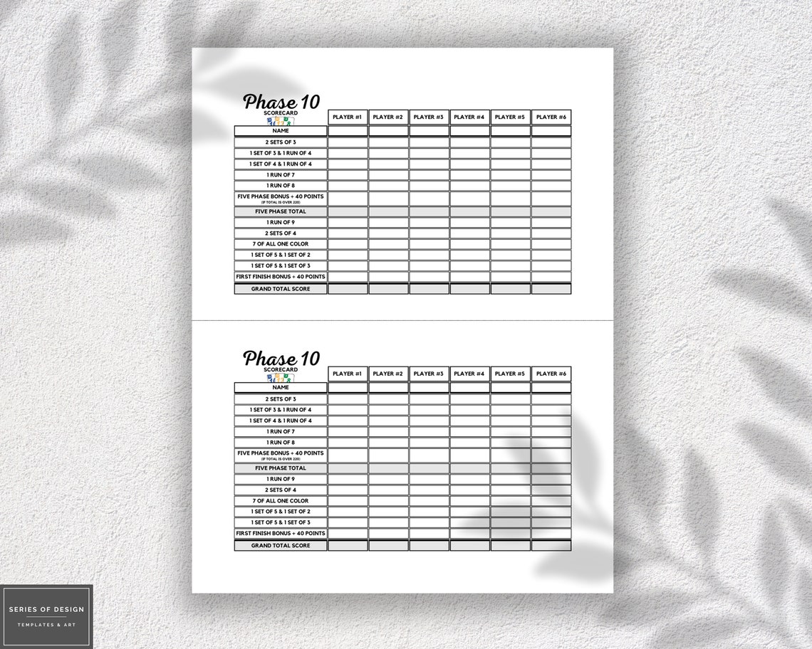 Phase 10 Score Sheet - Printable Scorecard for Phase 10 Game - PDF - Etsy