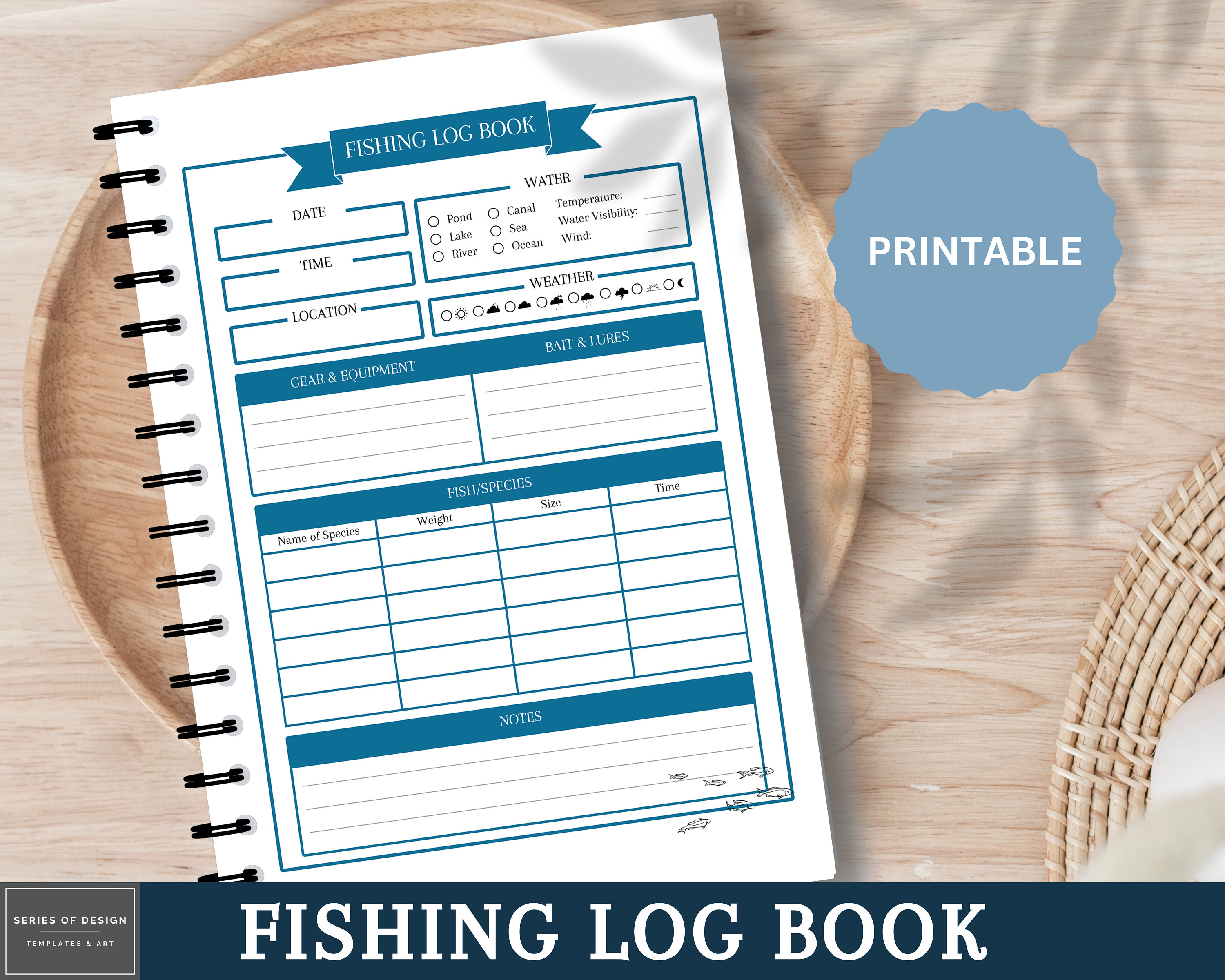 Printable Fishing Journal for Anglers - Fishing Log Book Sheets in Blue ...