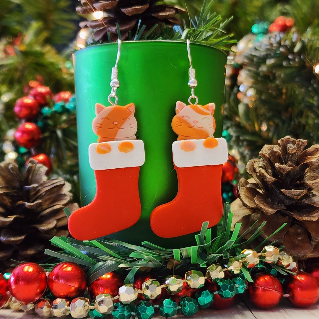 Cat in Stocking Polymer Clay Christmas Earrings - Etsy