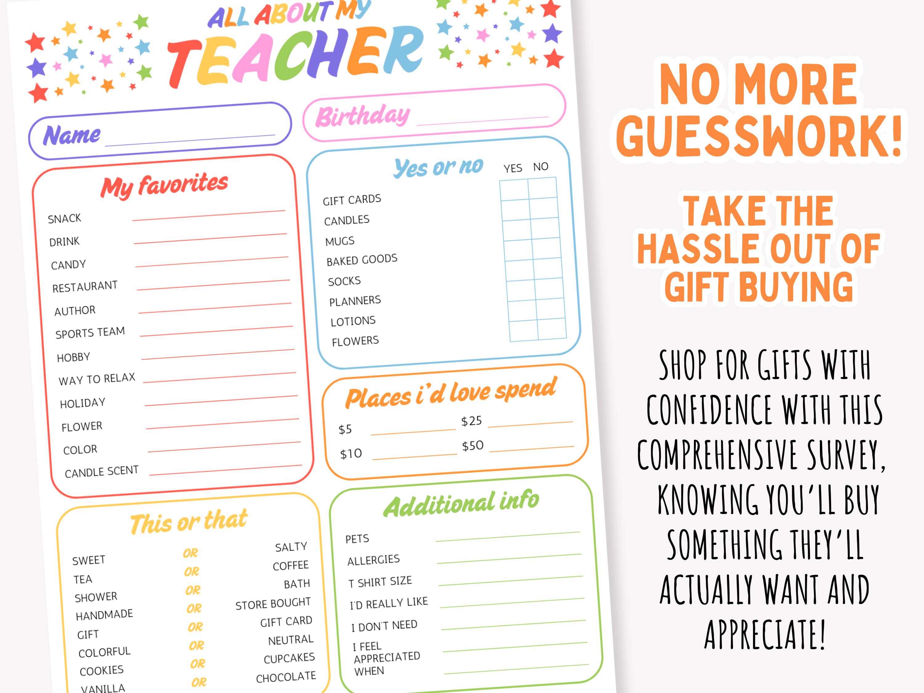 All About My Teacher Questionnaire for Gift Ideas, Teacher Favorite ...