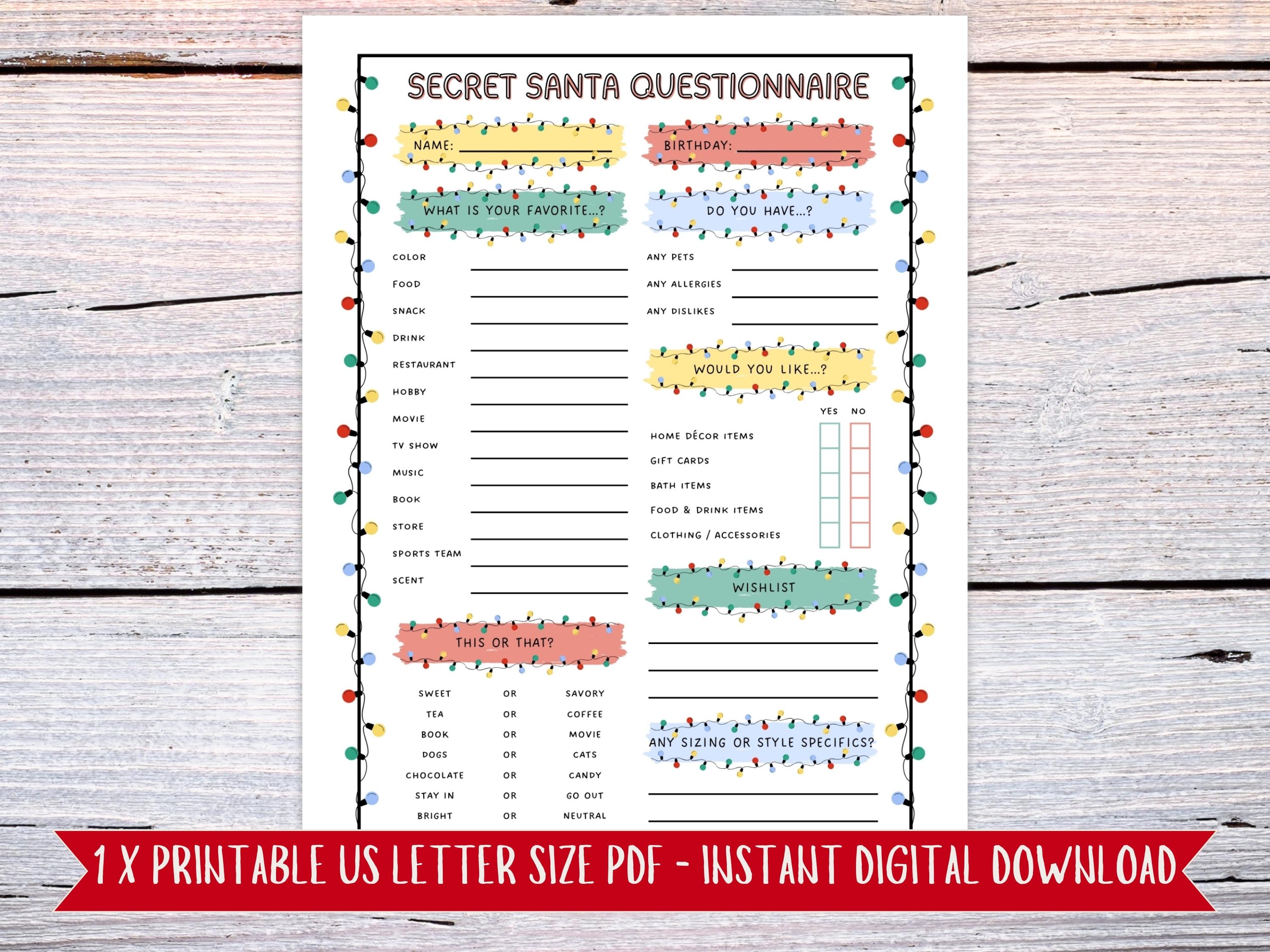 Printable Secret Santa Questionnaire Coworker Secret Santa Wishlist ...