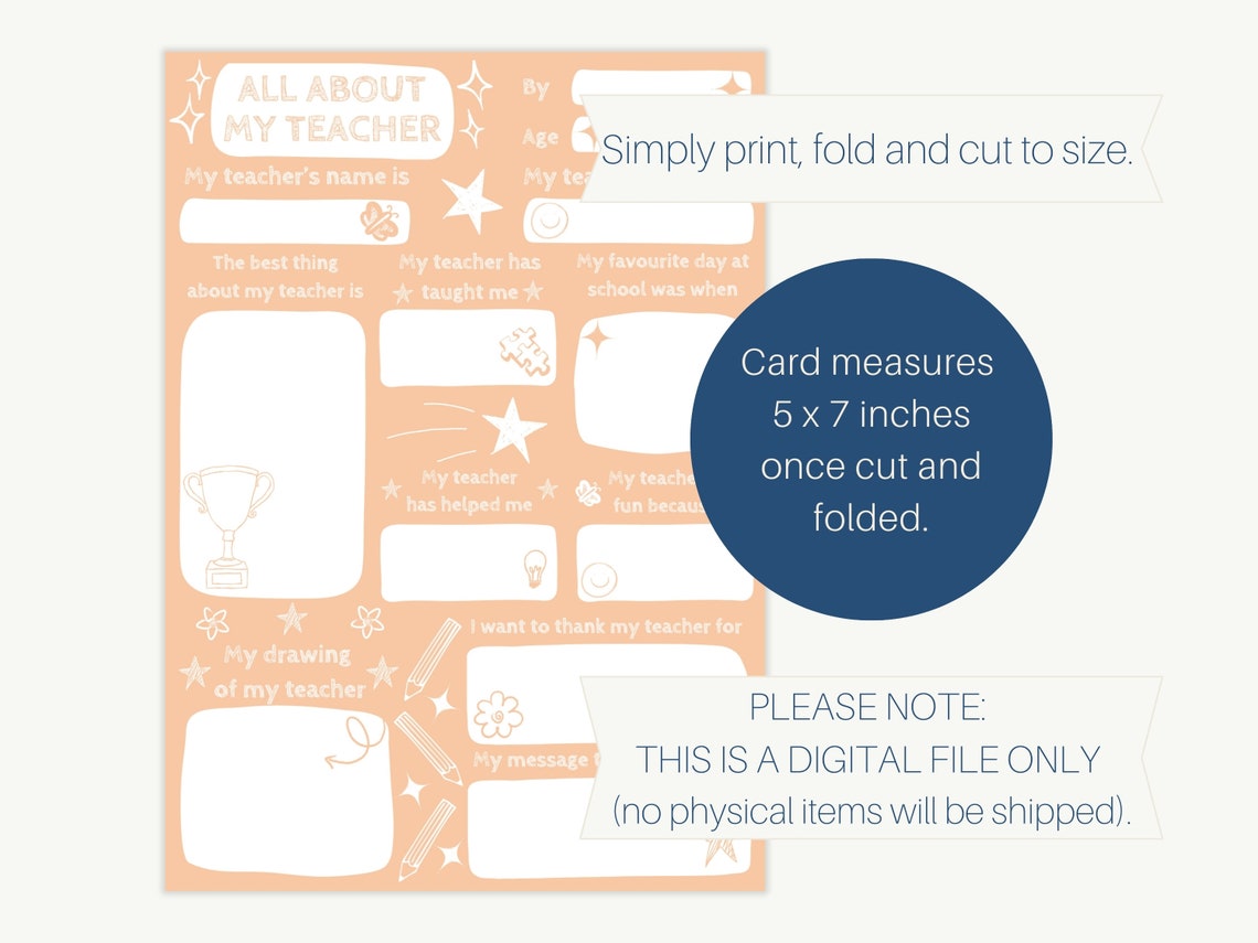 Printable All About My Teacher Card Funny Kids Fill in Blanks Child ...