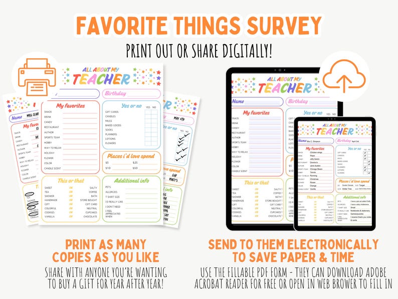 All About My Teacher Questionnaire for Gift Ideas, Teacher Favorite ...