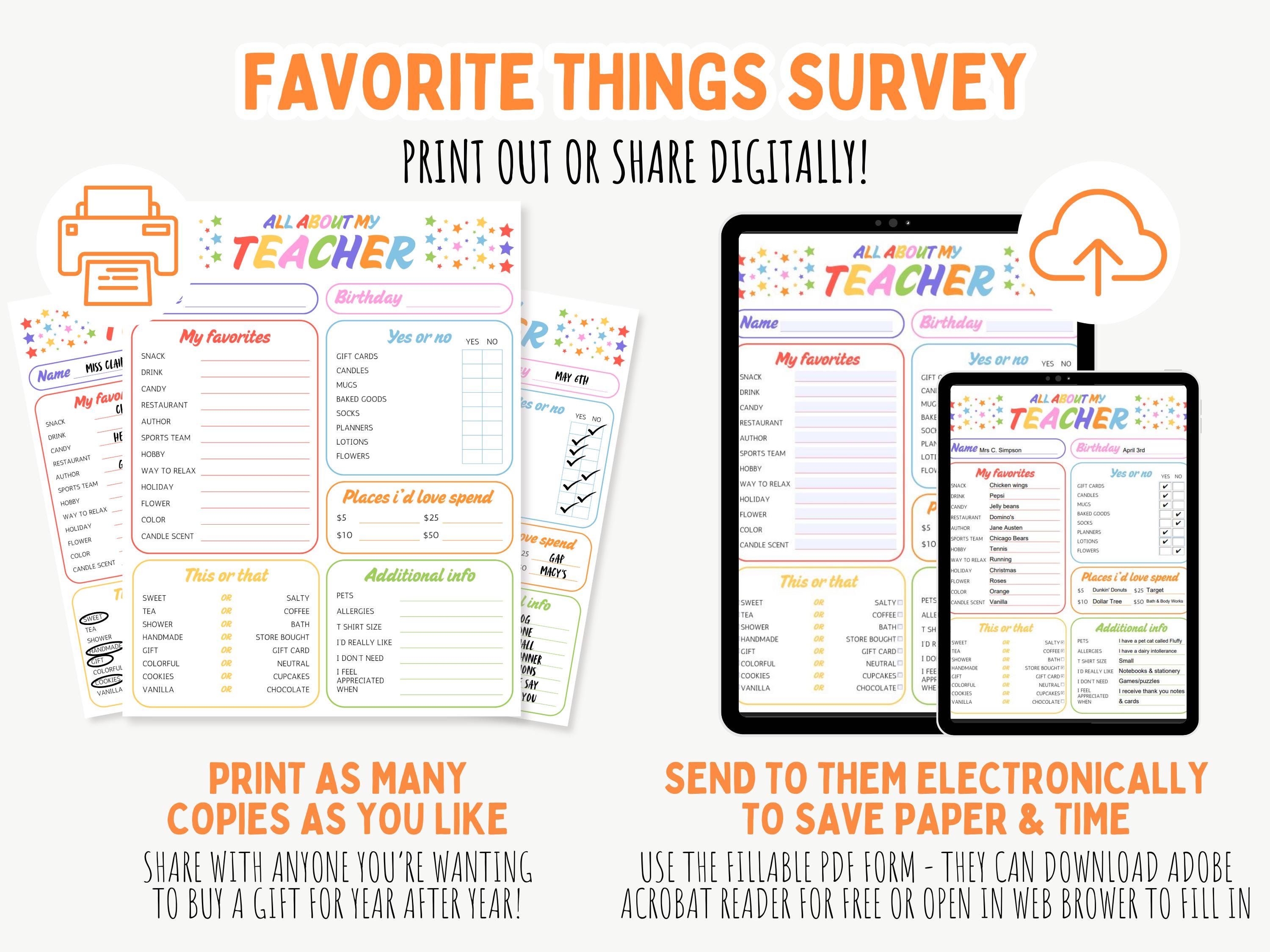 All About My Teacher Questionnaire for Gift Ideas, Teacher Favorite ...