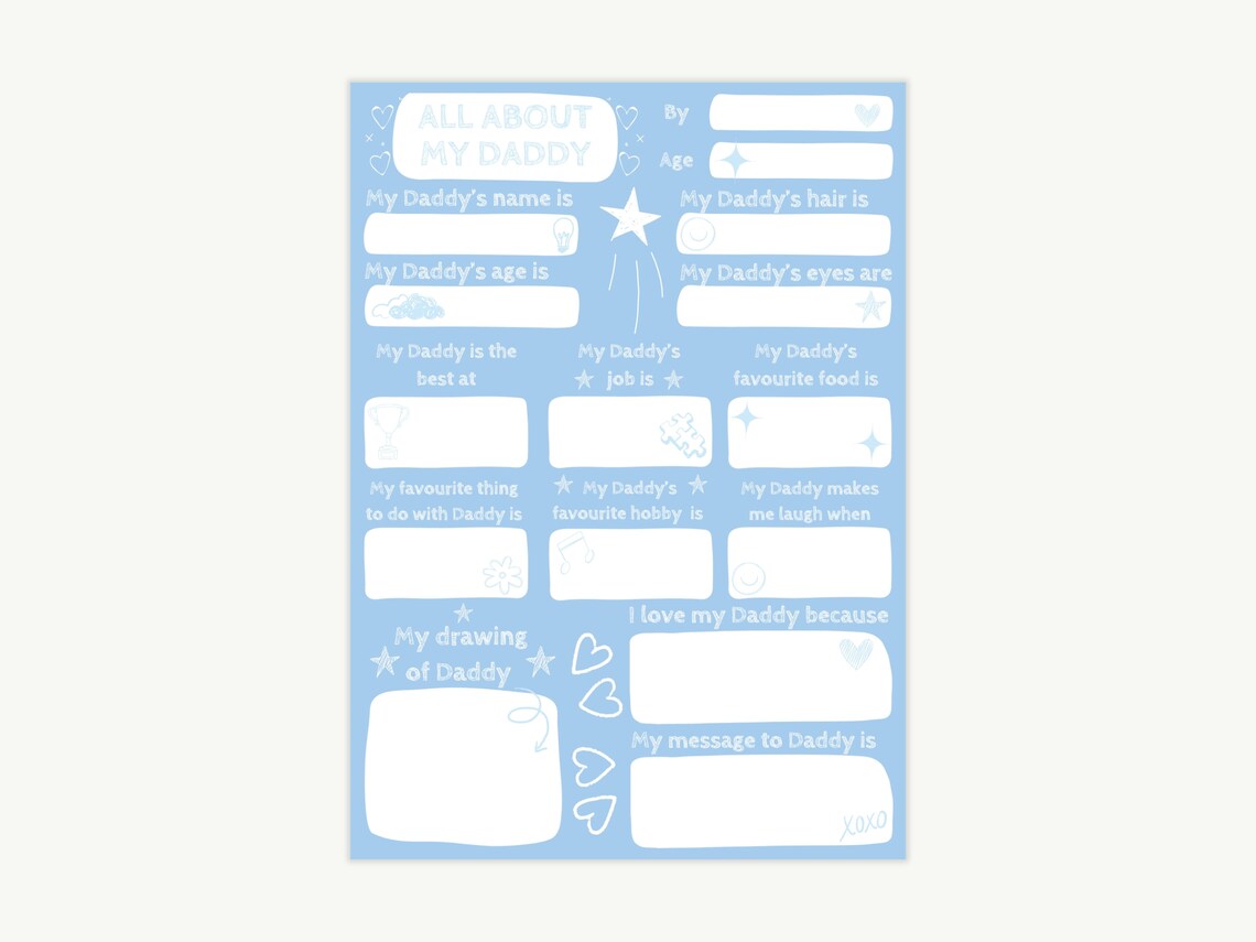 Printable All About My Daddy Fathers Day Card Funny Kids Fill in Blanks ...