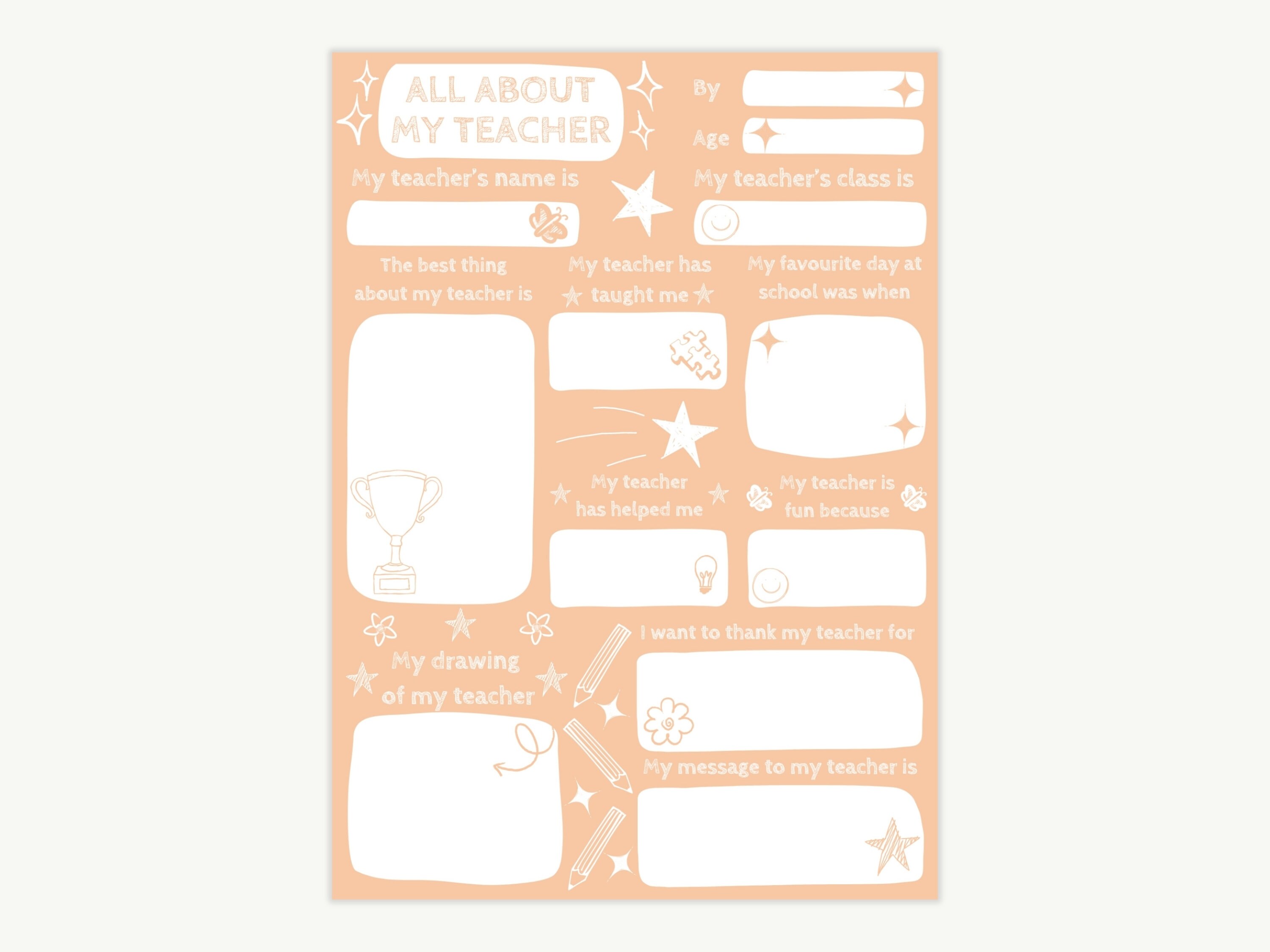 Printable All About My Teacher Card Funny Kids Fill in Blanks Child ...