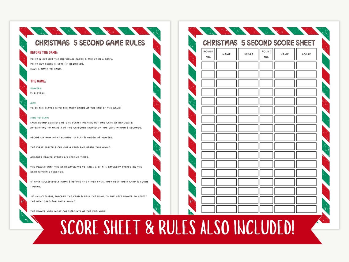 Christmas 5 Second Game Printable Christmas Party Game Adult Christmas ...