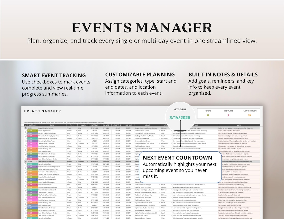Events Template Excel Schedule Calendar Events Planner Tracker Events ...
