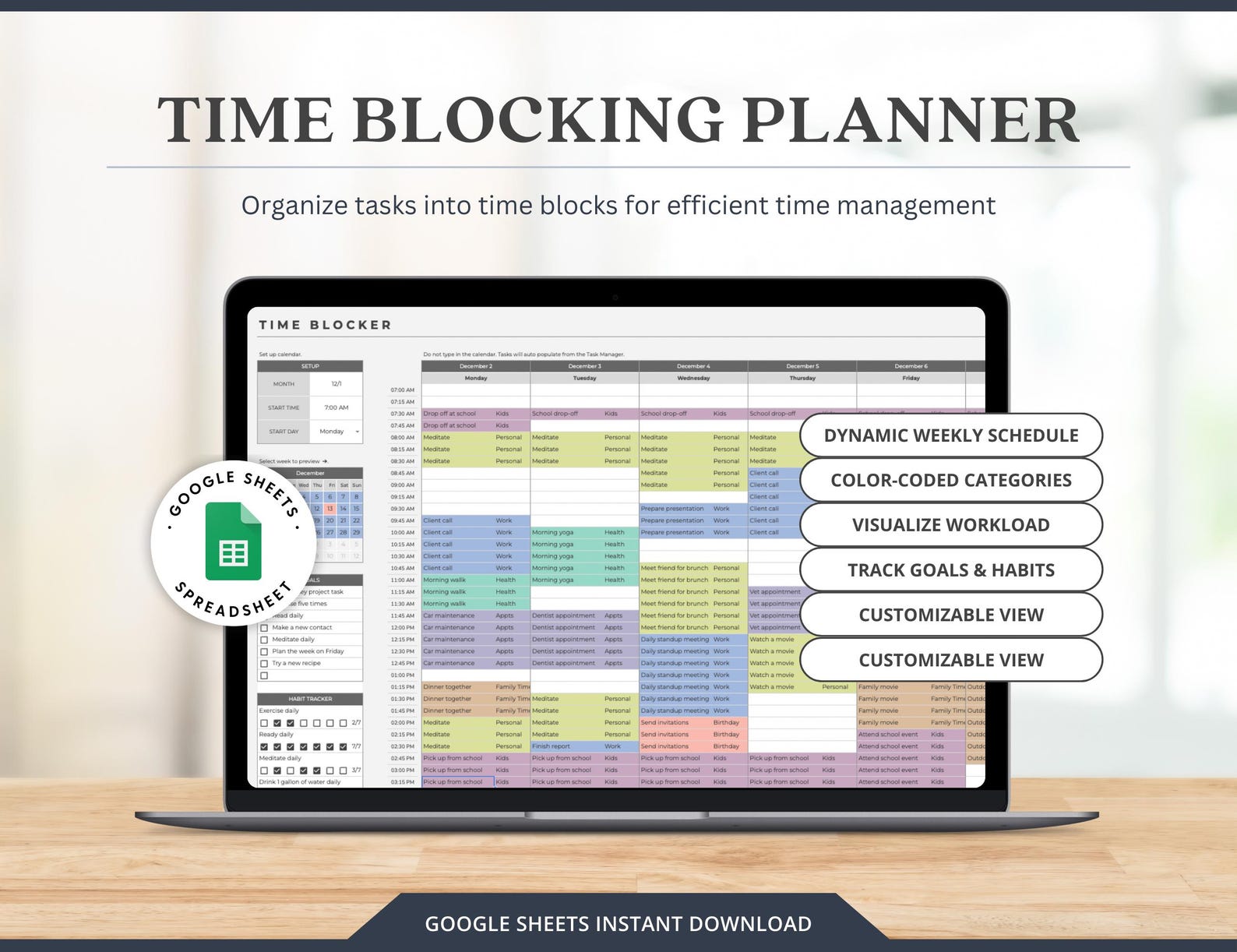 Daily Time Blocking Schedule Timeblocker Template Timeblock Hourly Week ...