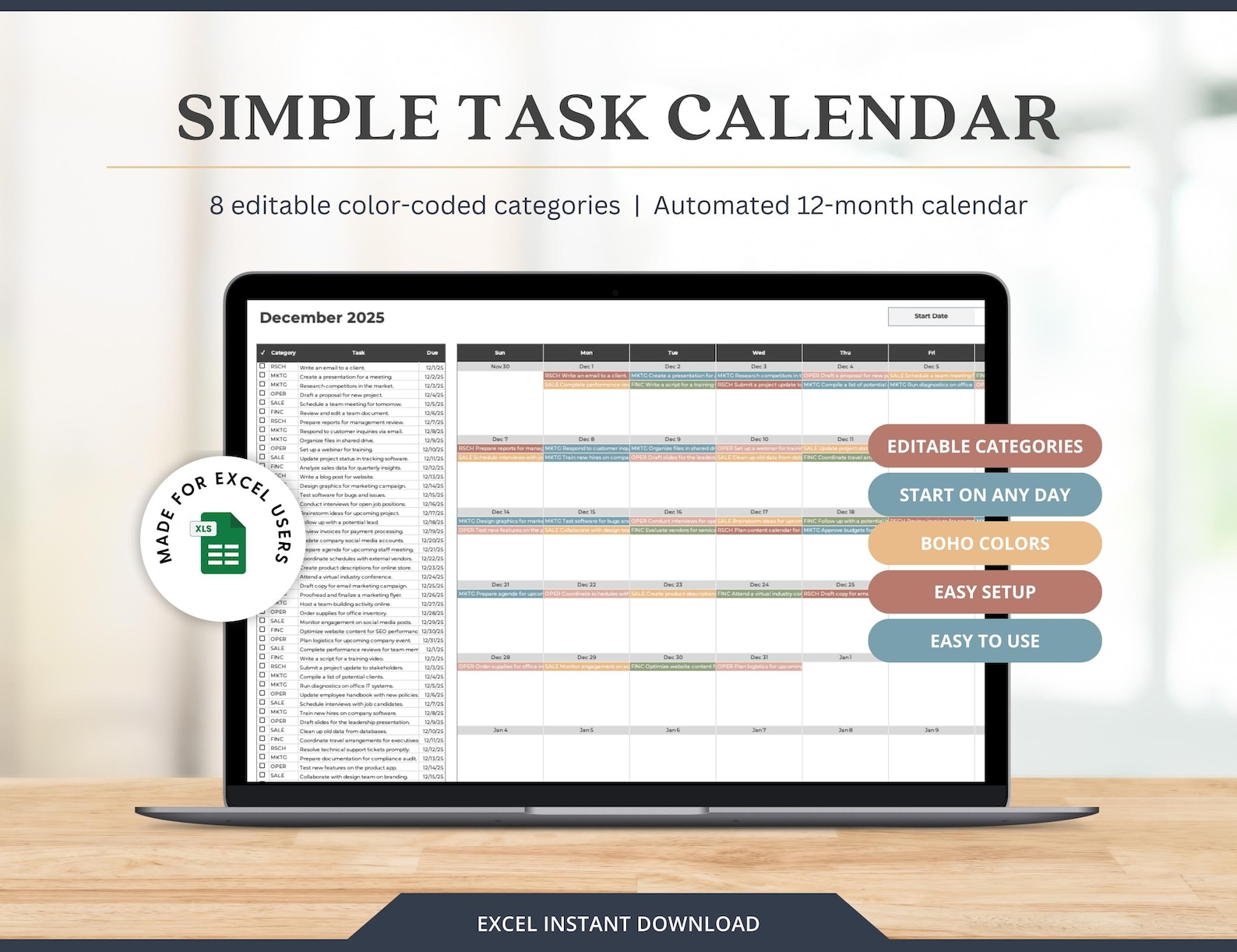 Downloadable Calendar 2025 Template Excel Task Tracker Spreadsheet ...