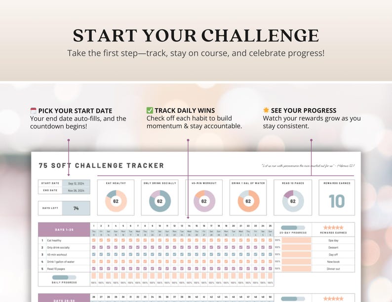 75 Soft Challenge Fitness Tracker Daily Habit Tracker Google Sheets ...