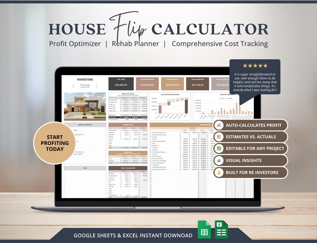 House Flipping Calculator, Profit and Loss Template, Investment Tracker ...