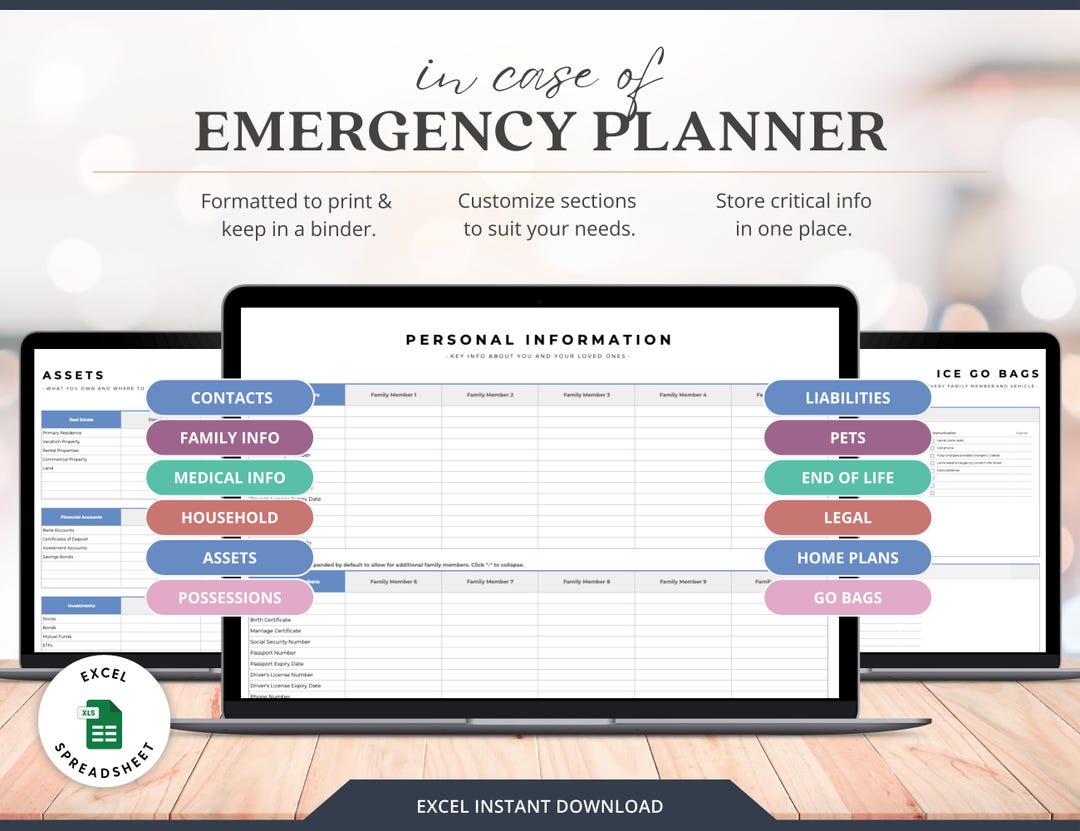 Emergency Kit Excel Template Emergency Planner Sheets Excel in Case of ...