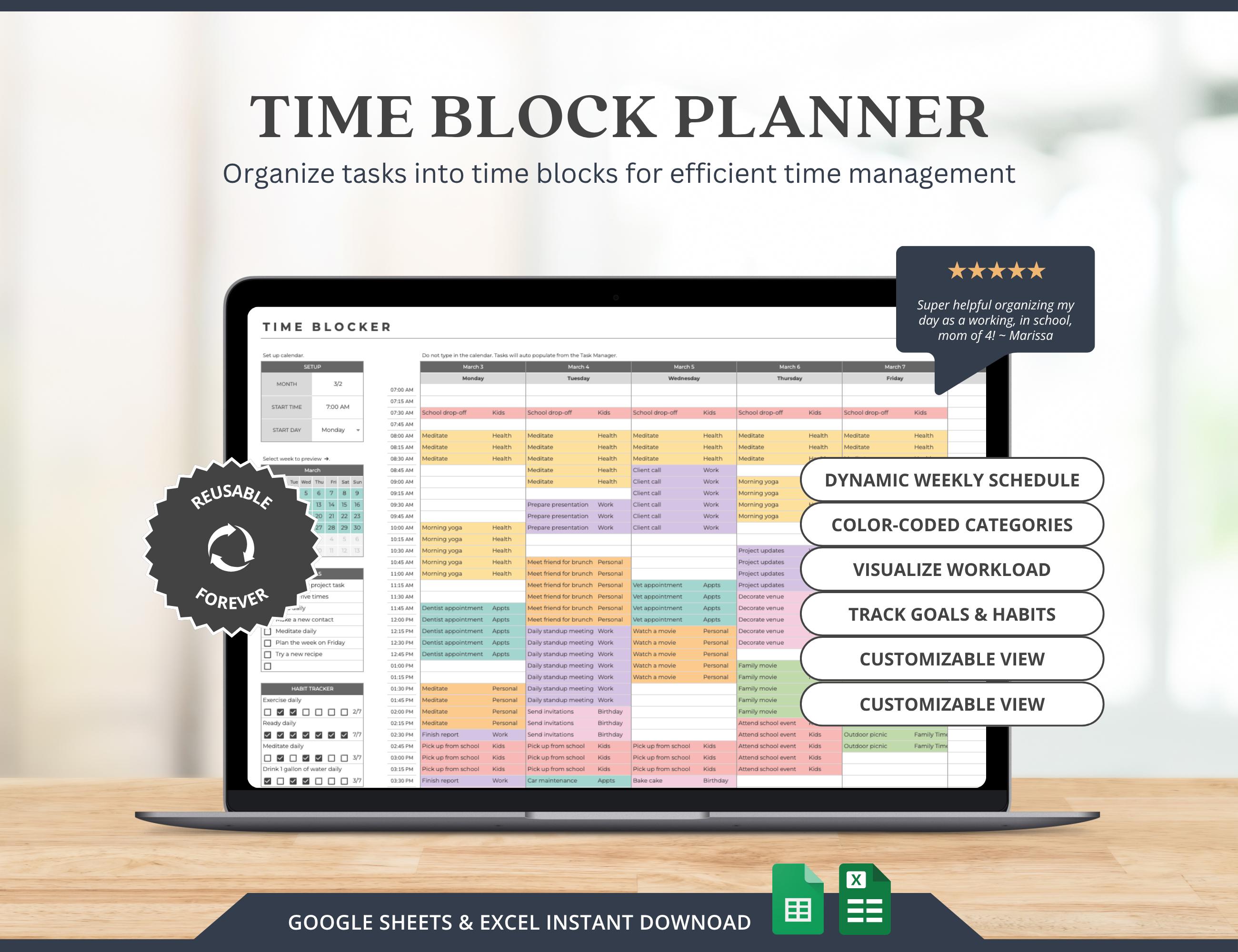 ADHD Weekly Daily Hourly Time Blocking Planner, Task Tracker Excel ...