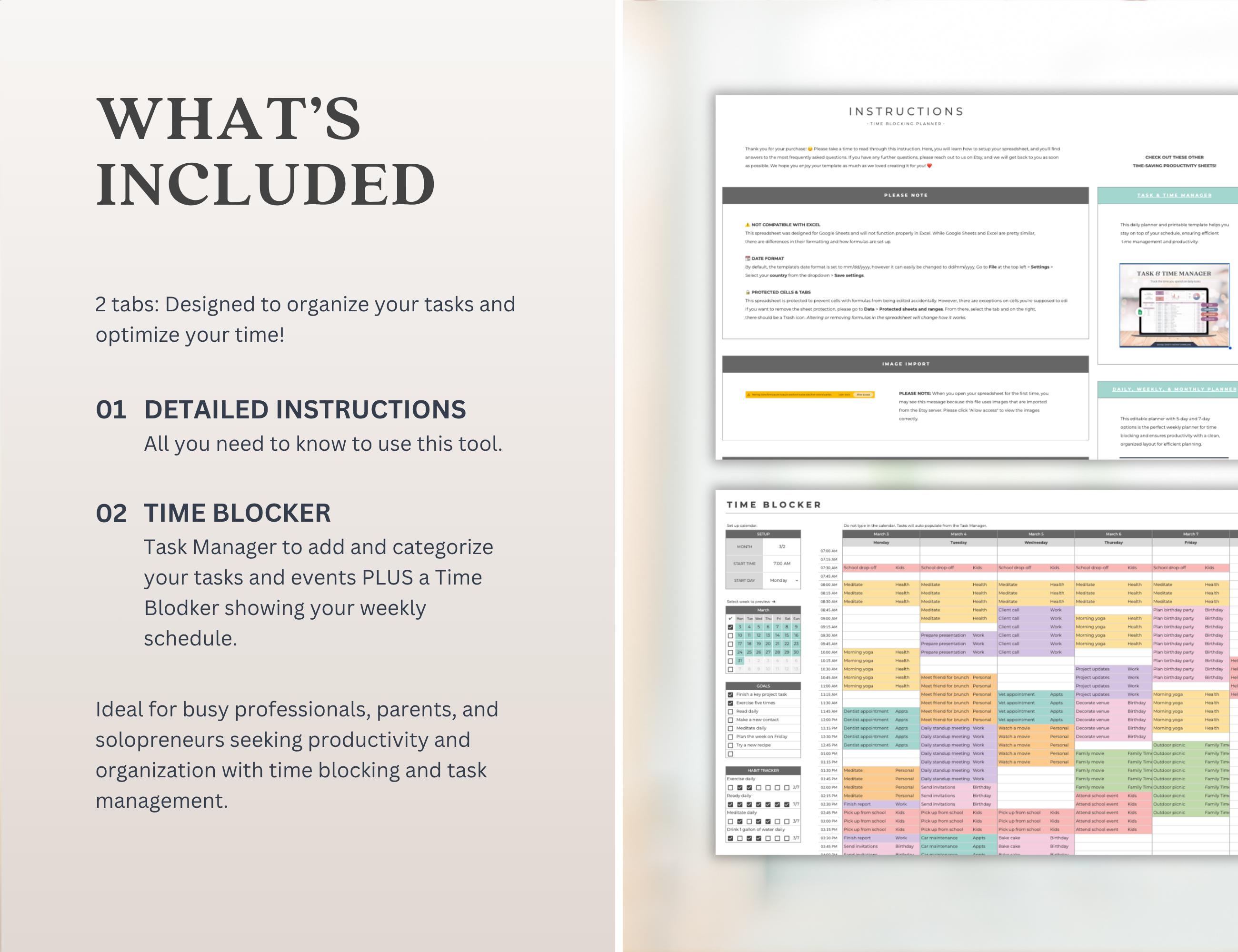 ADHD Weekly Daily Hourly Time Blocking Planner, Task Tracker Excel ...