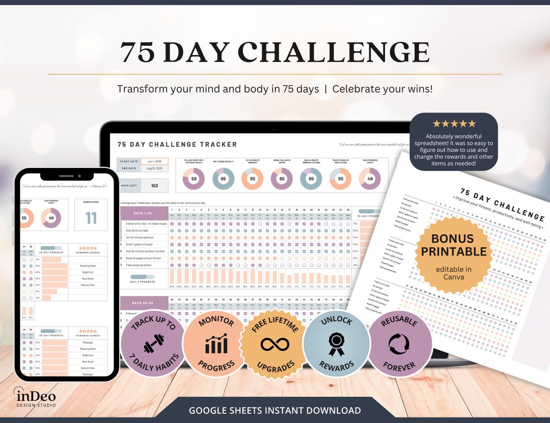 75 Days Challenge Tracker 75 Day Tracker Editable 75 Soft Challenge ...