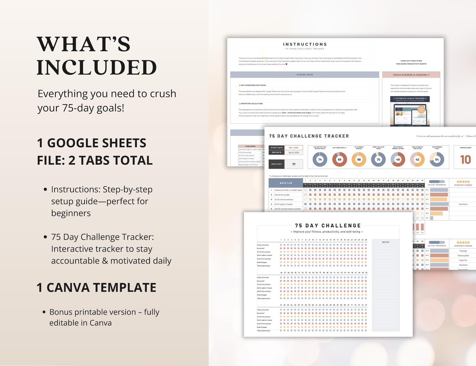 75 Day Challenge Tracker Google Sheets Fitness Planner and Tracker ...