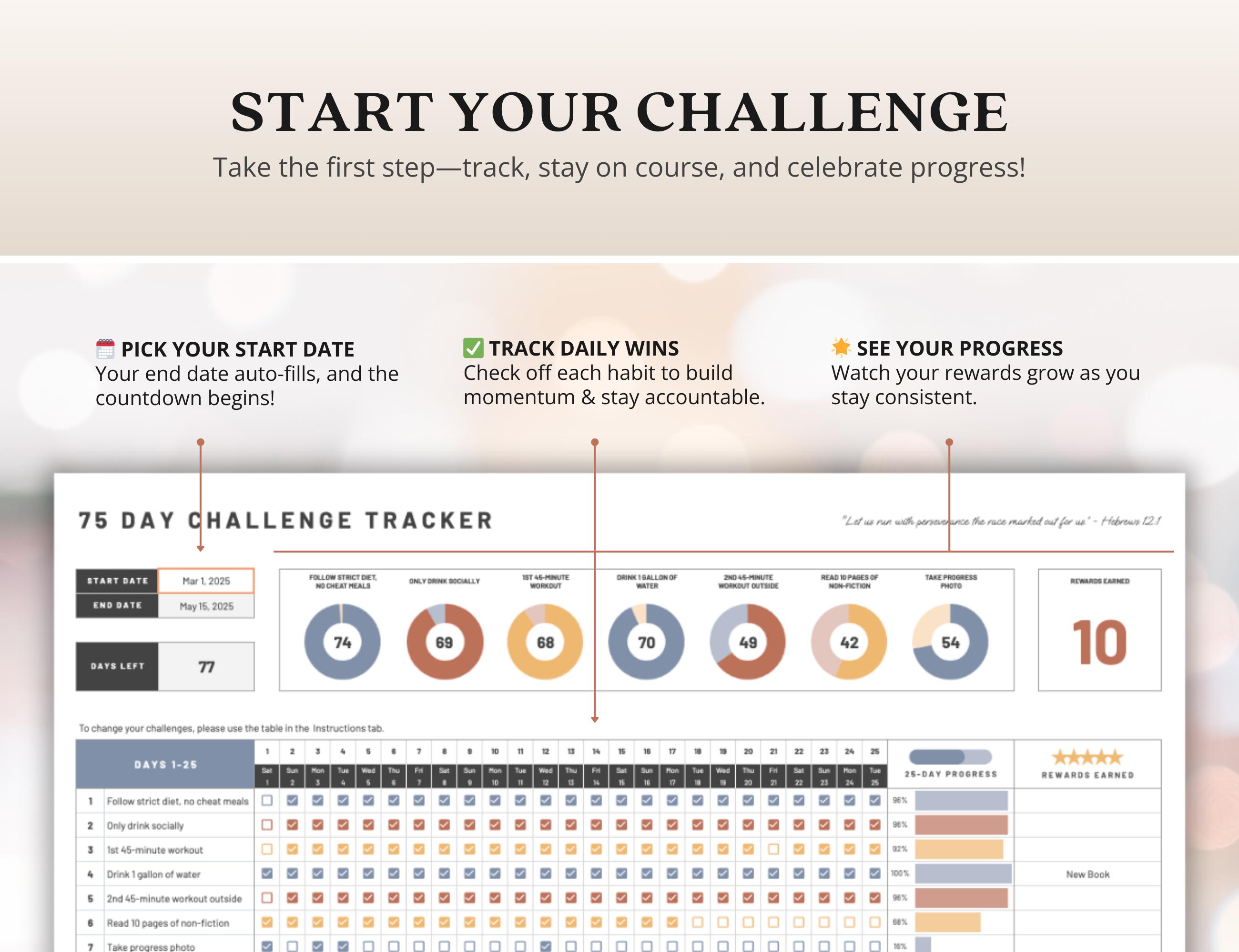 75 Day Challenge Tracker Google Sheets Fitness Planner and Tracker ...