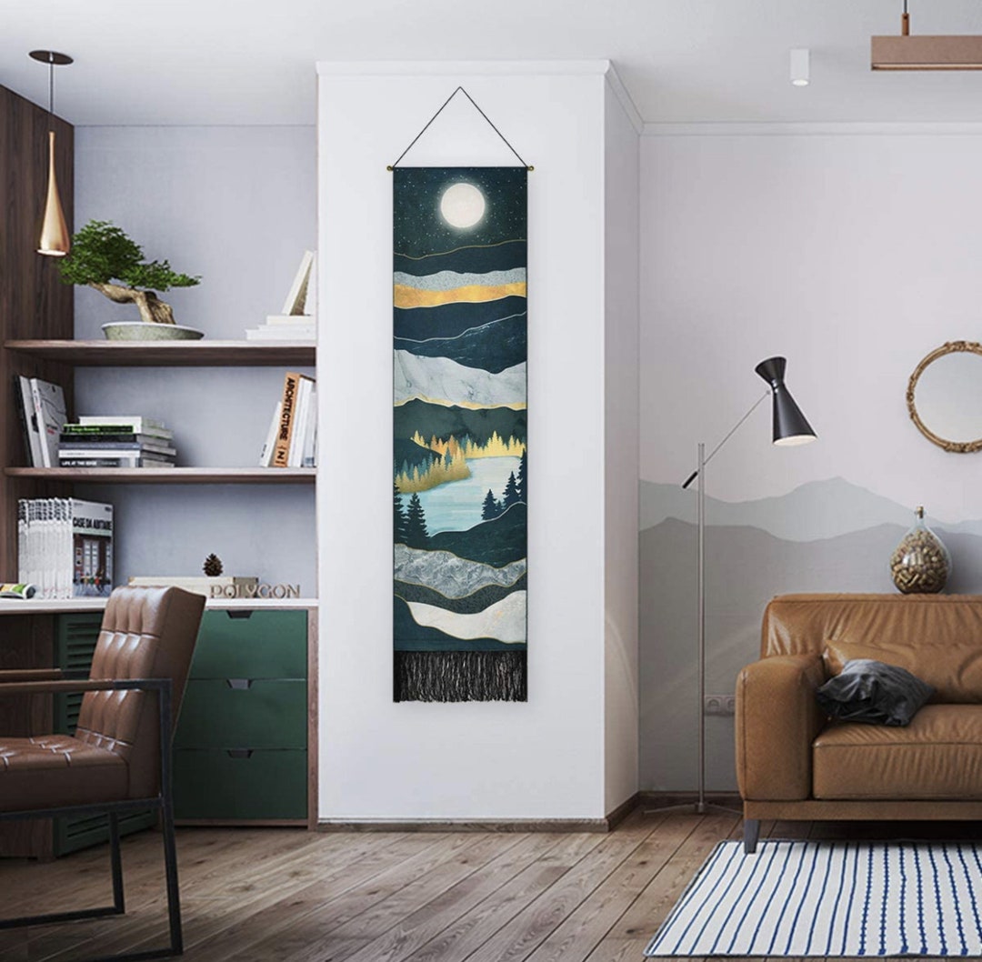 Mountain Tapestry Moon Starry Night Sky Tapestries Forest Tree Lake ...