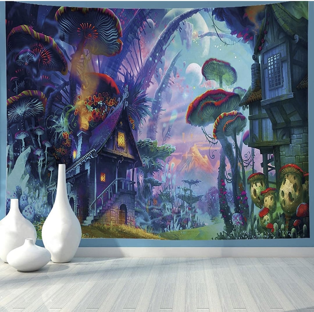 Trippy Forest Tapestry Wall Hanging Mushroom Village Tapestry Magical ...